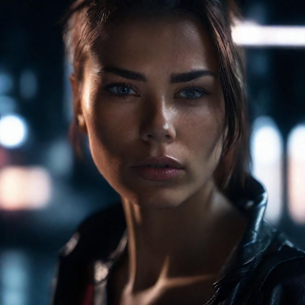 cyberpunk, Close-up portrait of a beautiful woman, dramatic lighting, fashion photography, moody ...