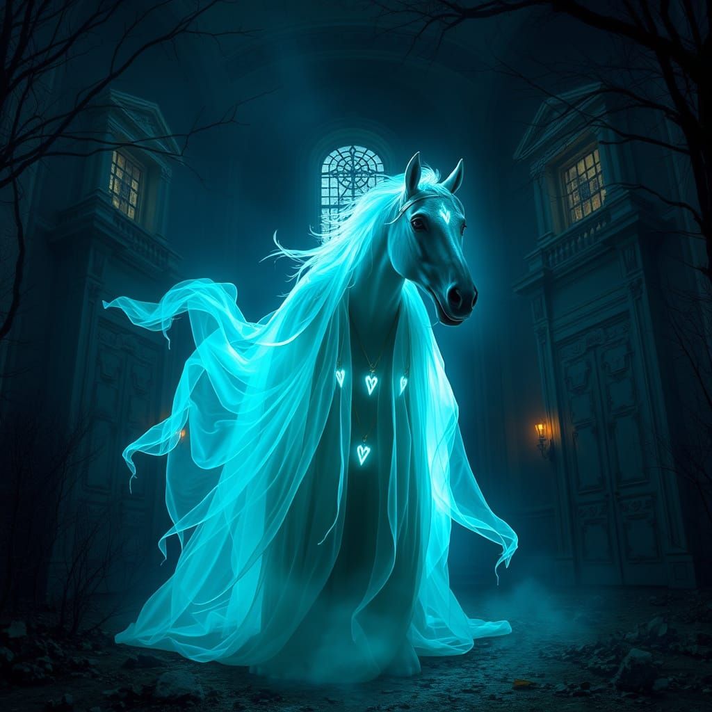 A spooky glowing radiant phantom cowled humanoid spectral equine headed ...