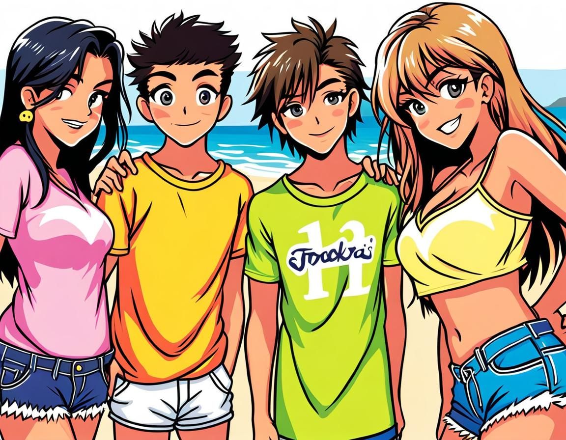 A group of brazilian friends at the beach with shorts and t-shirts ...