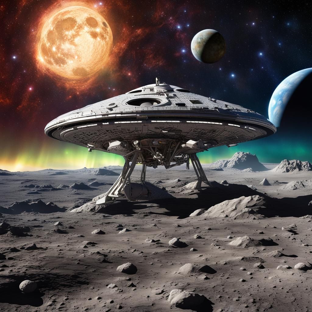 Photograph, sharp, miniature alien spaceship on the moon surface ...