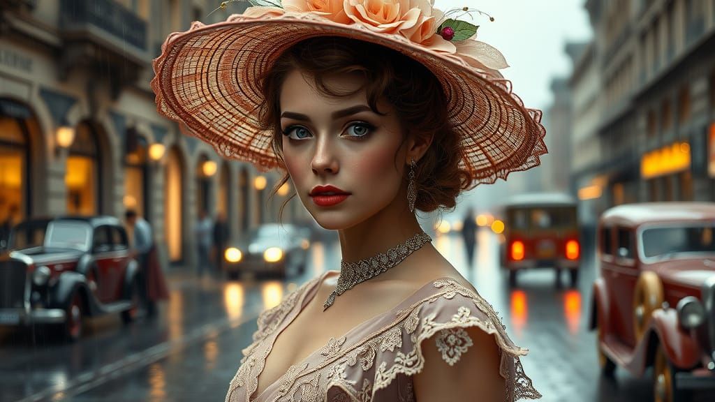 A striking 3D render of a vintage-style woman with a melancholic expression, dressed in a ...