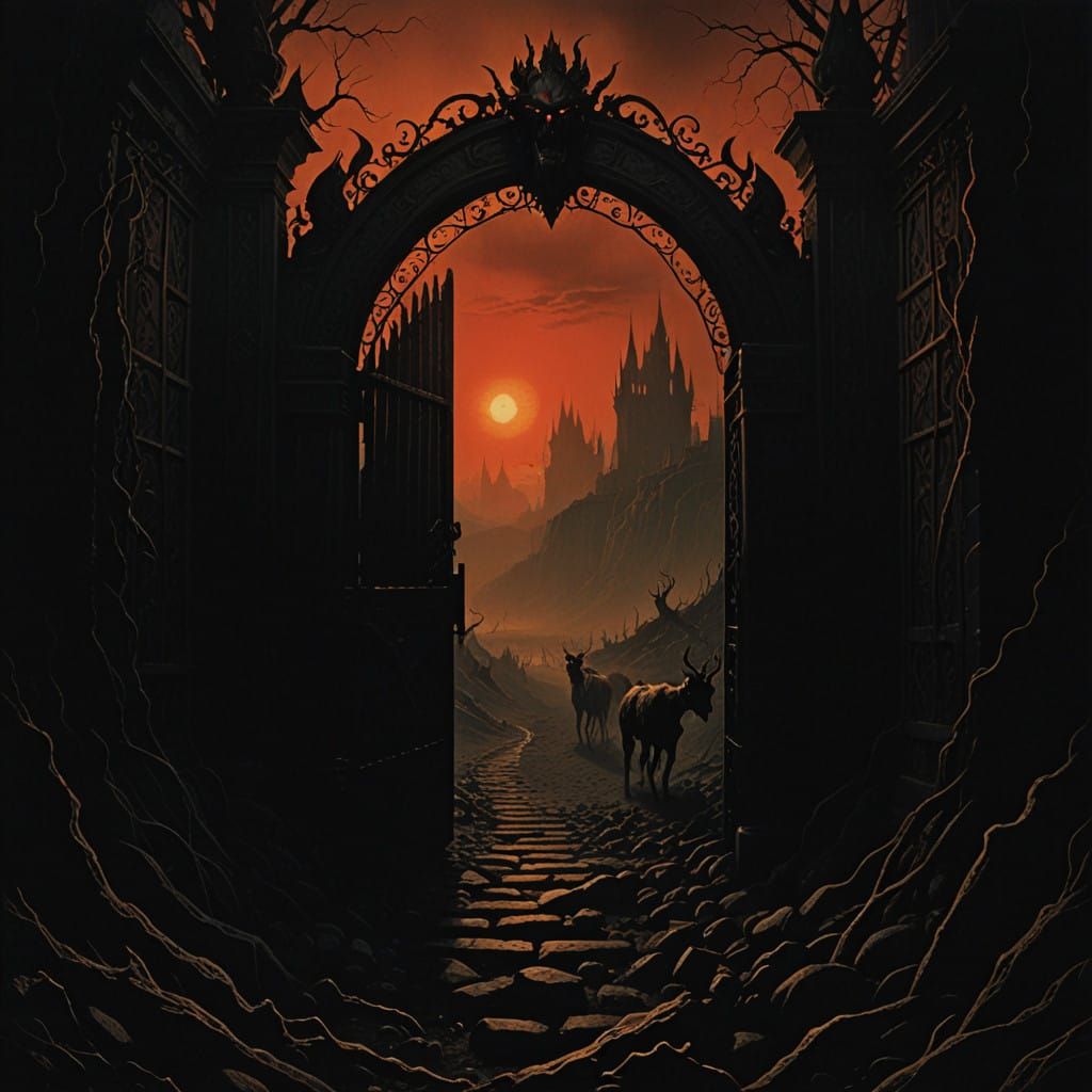 Menacing Shadow of a Wicked Creature Behind Hell's... - AI Art