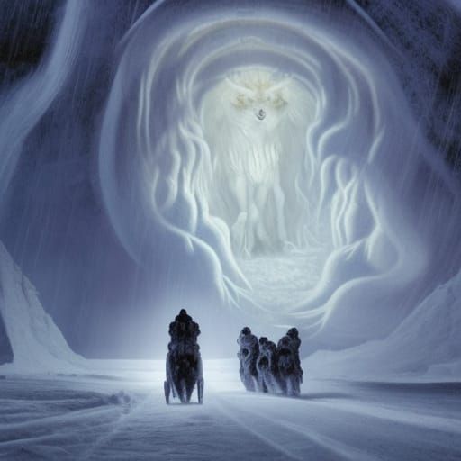 a magical white spectral ghost wolf guiding a convoy of inuit eskimo's ...