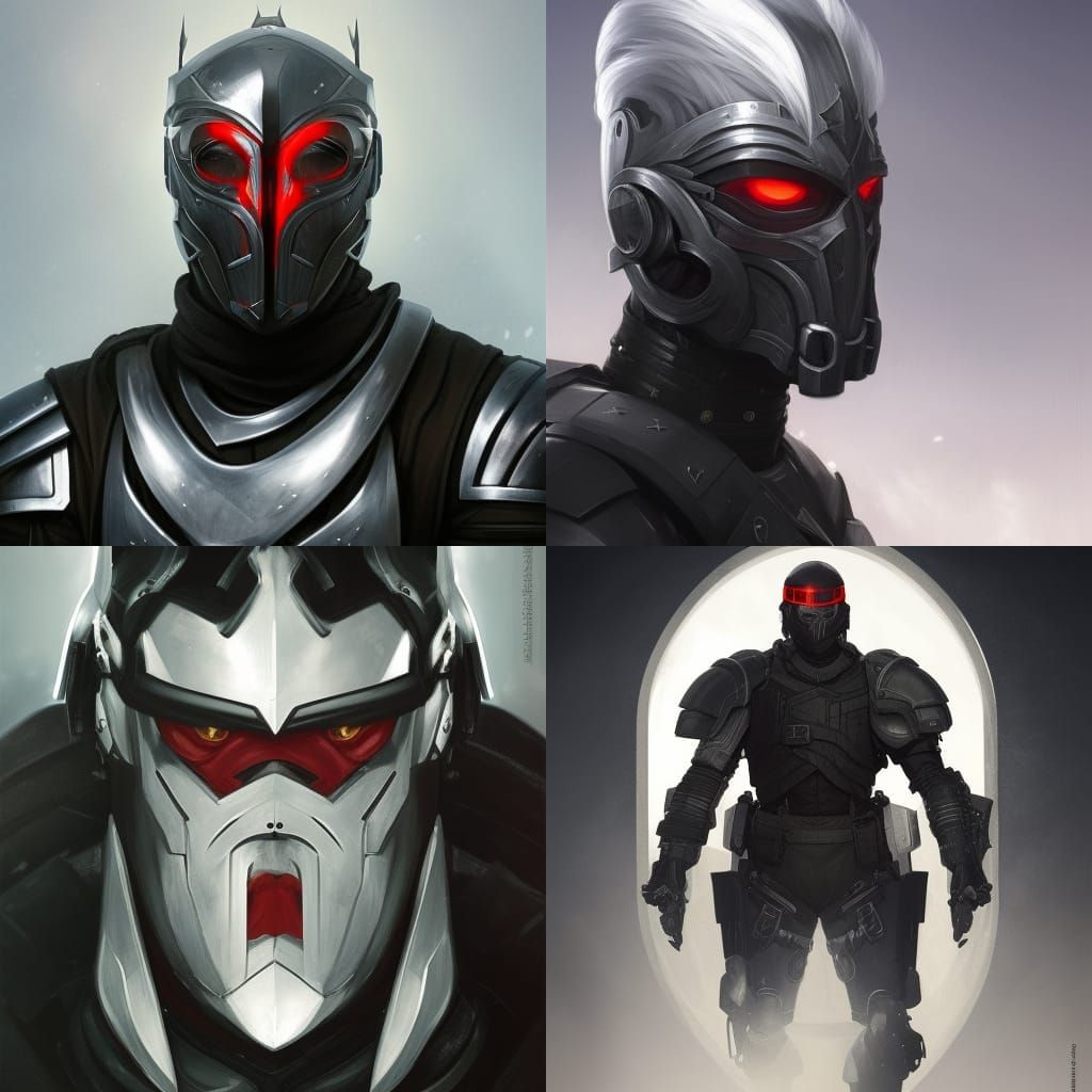 Male mercenary in black tactical combat armor with white hair with red ...