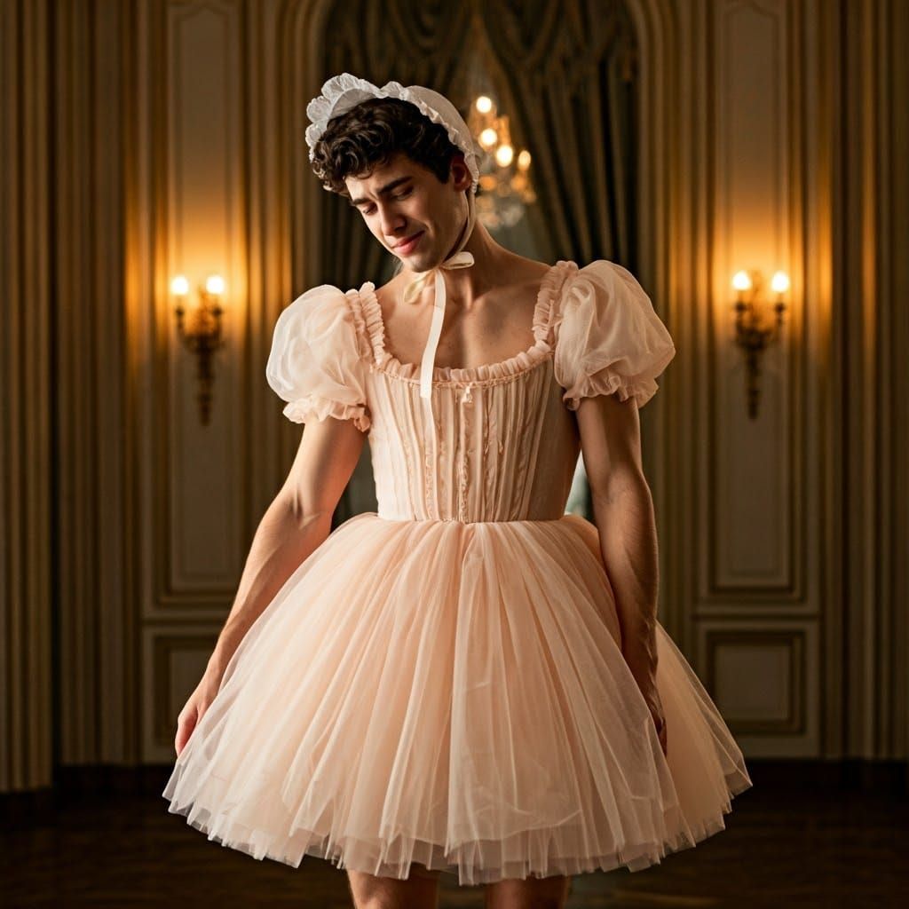 An humiliated handsome 19 years old guy, wearing a petticoat and a Ruffle bonnet, is ...