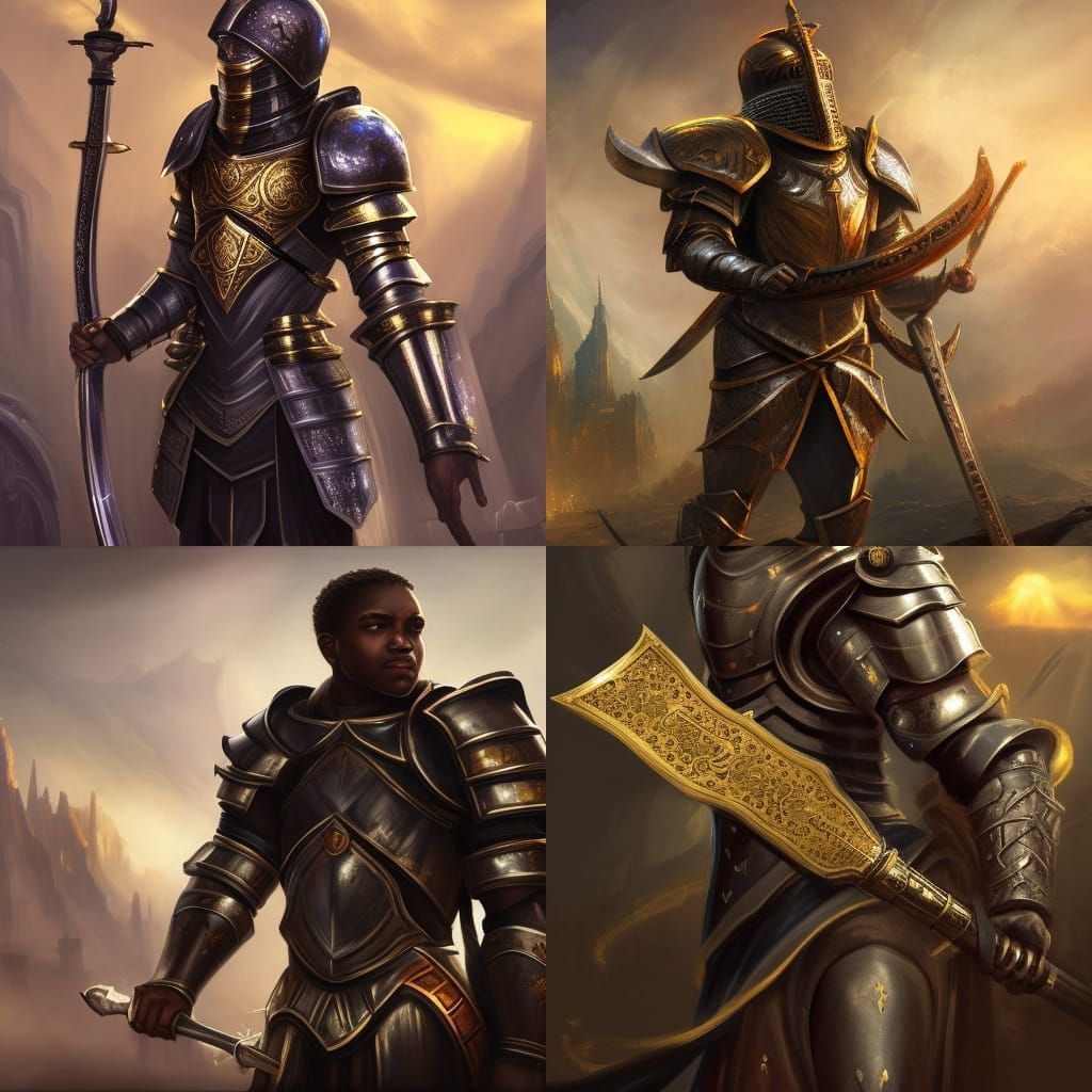 A black teenager in knight armour with a golden ancient sword with a Greek curse on it - AI ...