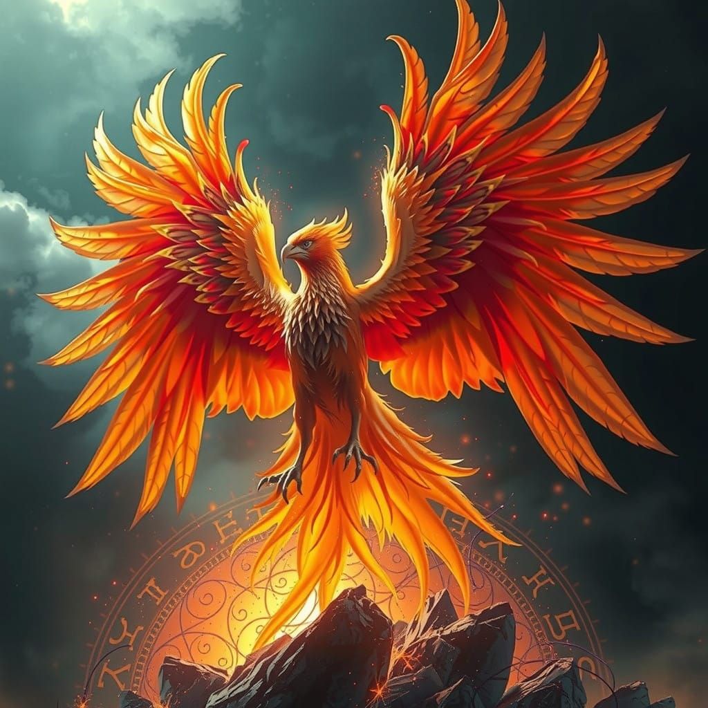 Majestic Phoenix in Ancient Rune Circle - AI Art