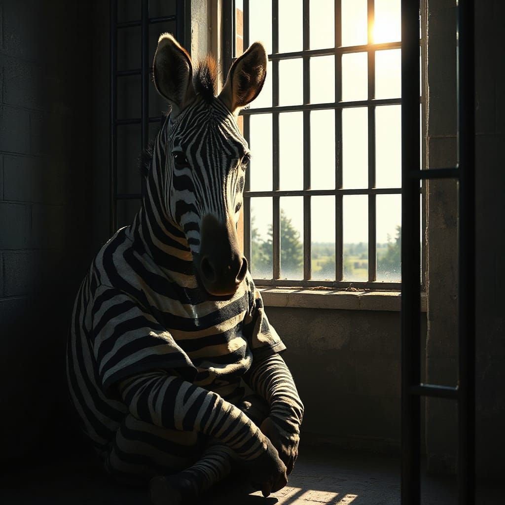 Realistic Zebra in Prison Stripes, Haunted by Sunn... - AI Art