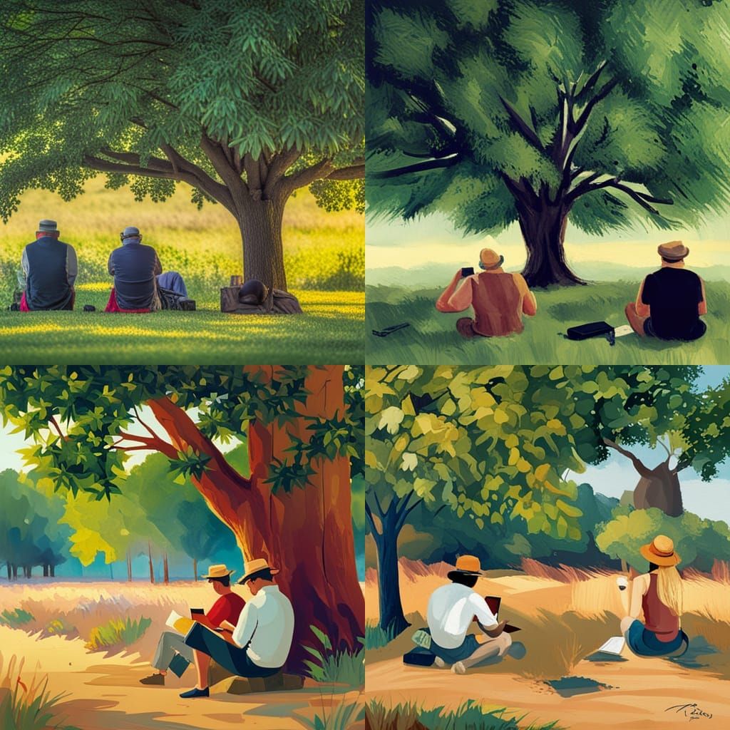 Watching others work while relaxing under a tree - AI Generated Artwork ...