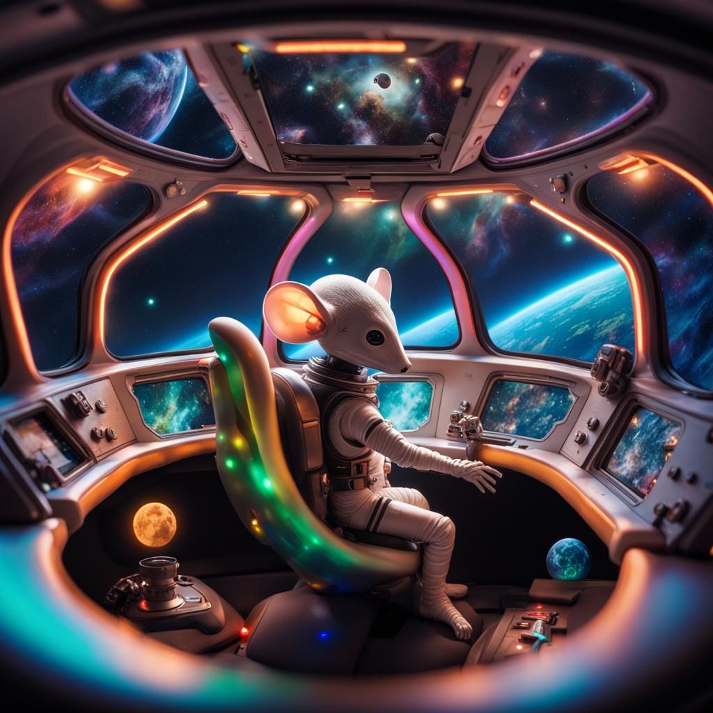 Photograph, Macro, alien mouse dressed as astronauts are in the seats ...