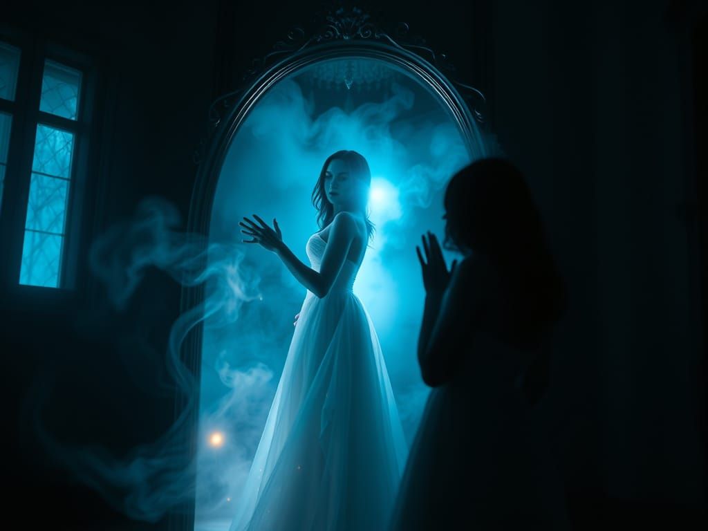 Spectral Woman Emerges from Haunted Mirror in Ethe... - AI Art