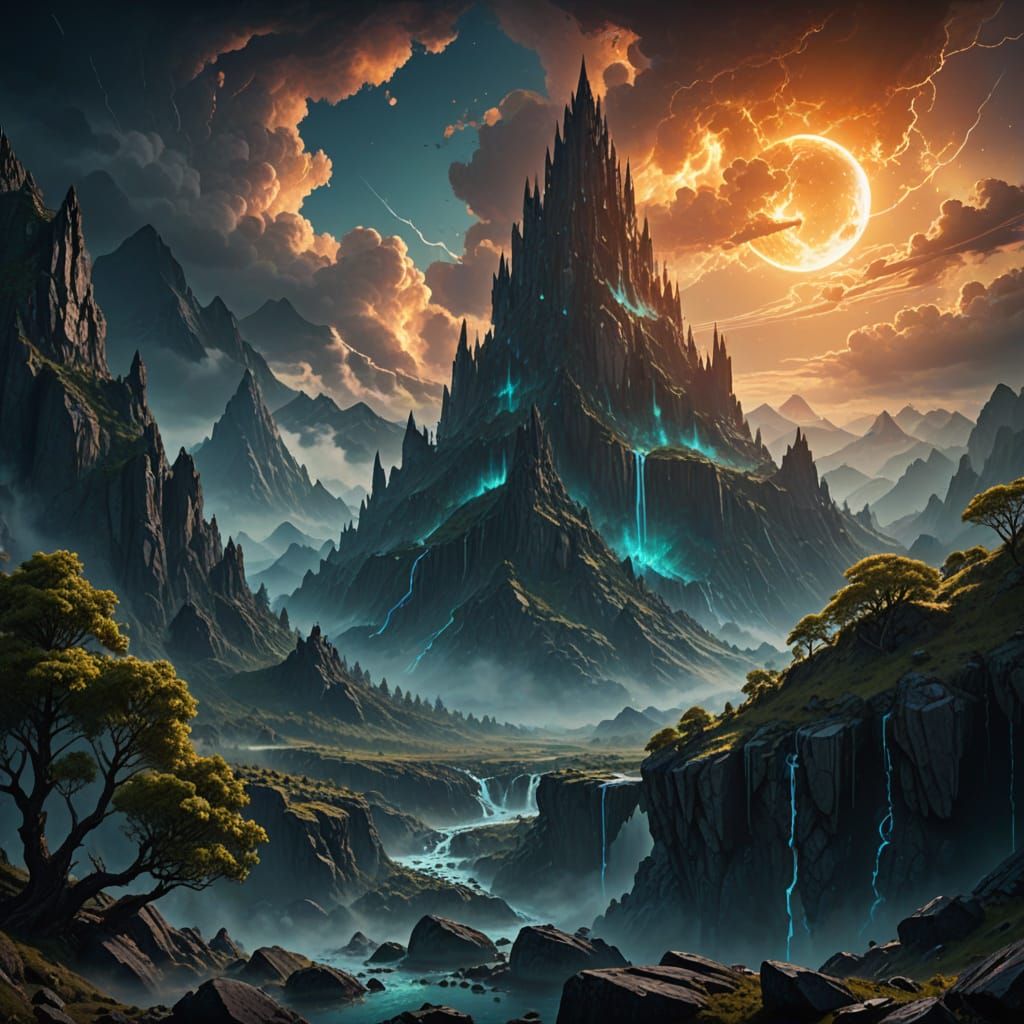 Prompt:“A colossal, surreal fantasy landscape where an ancient, storm ...