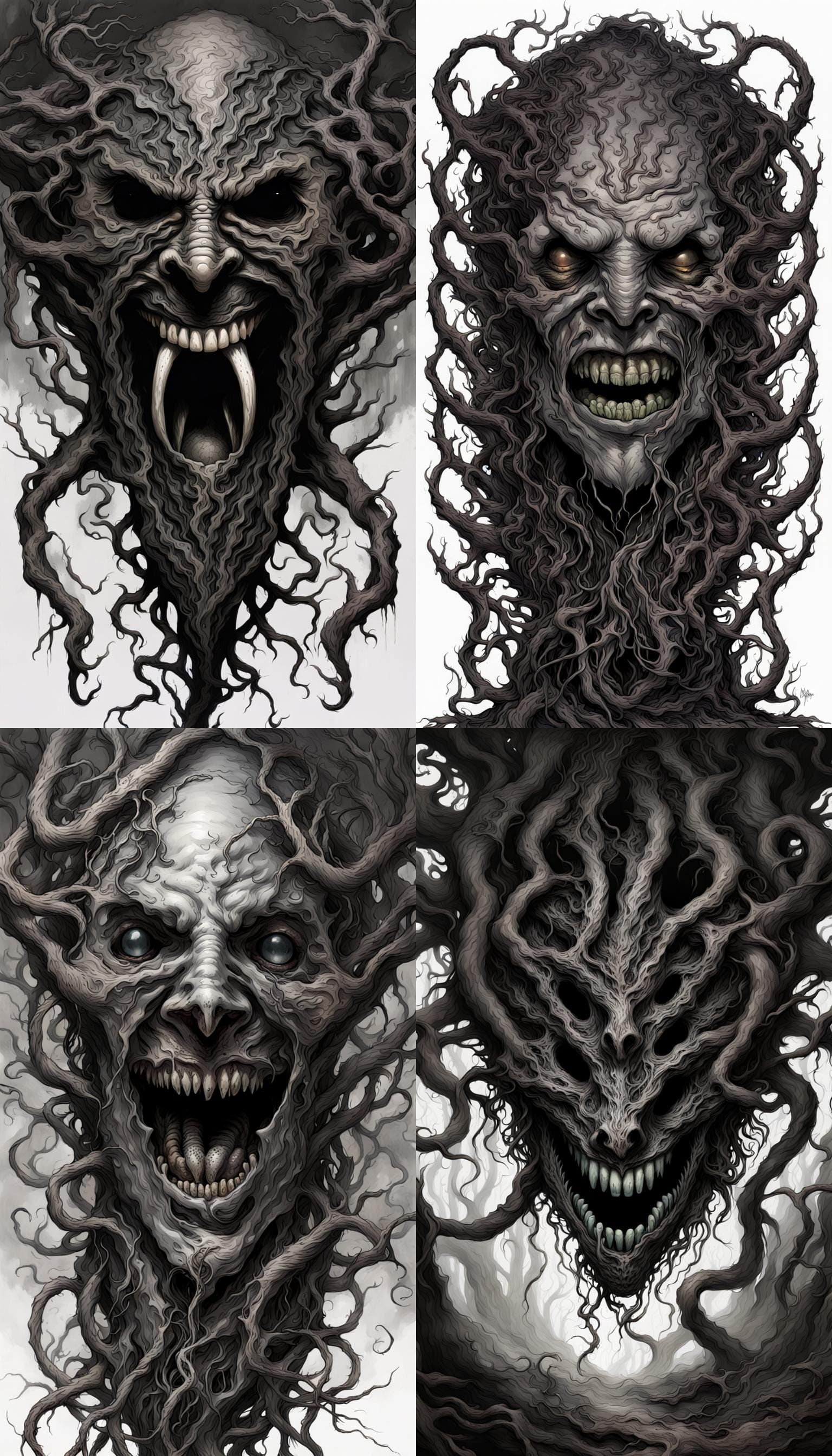 DnD god moander, black vines, teeth, laughing, whispers, horror, veins ...