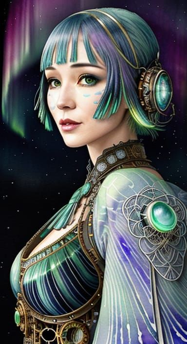 Steampunk Starlight Lady Under Aurora Borealis - AI Art