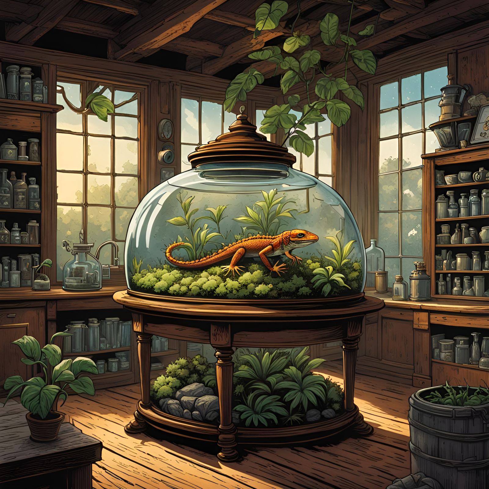 A terrarium with a gecko habitat standing on a old wooden table in a ...