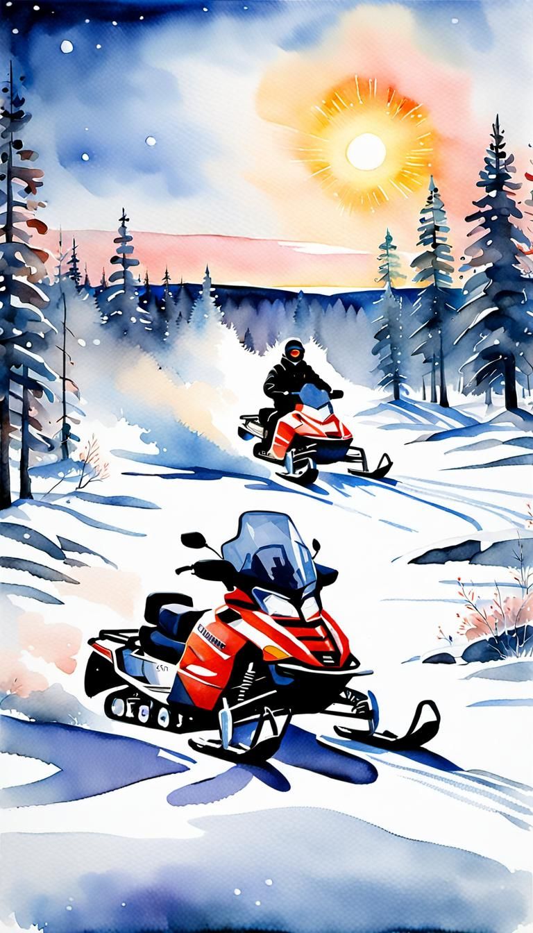 Watercolor art Action scene,snowmobile, low point of view, Under the ...
