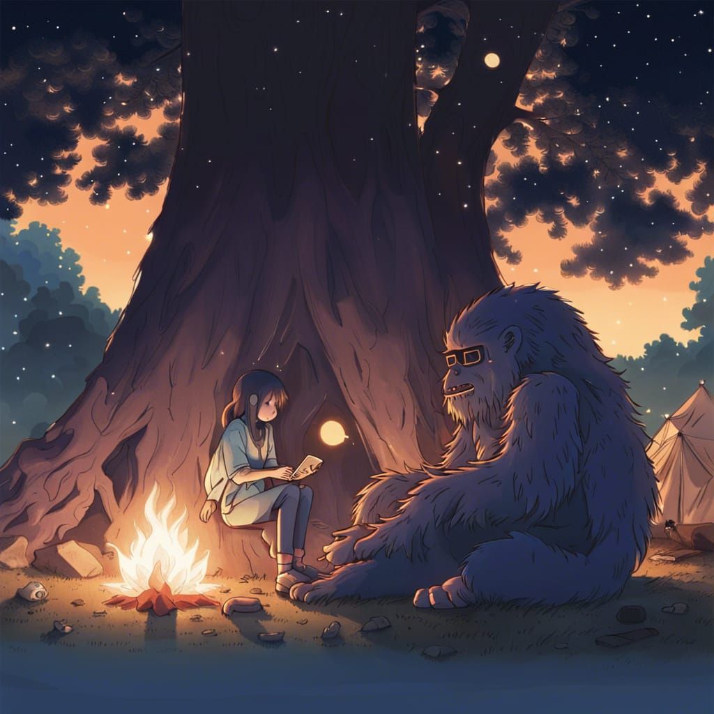 Starry might full moon sasquatch sitting under a tree with alien friend ...