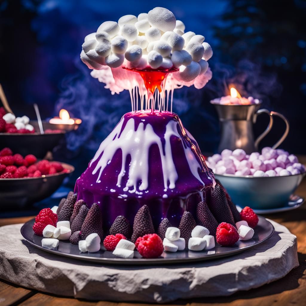 A volcano sculpted with purple jelly, erupting with a cloud of ...