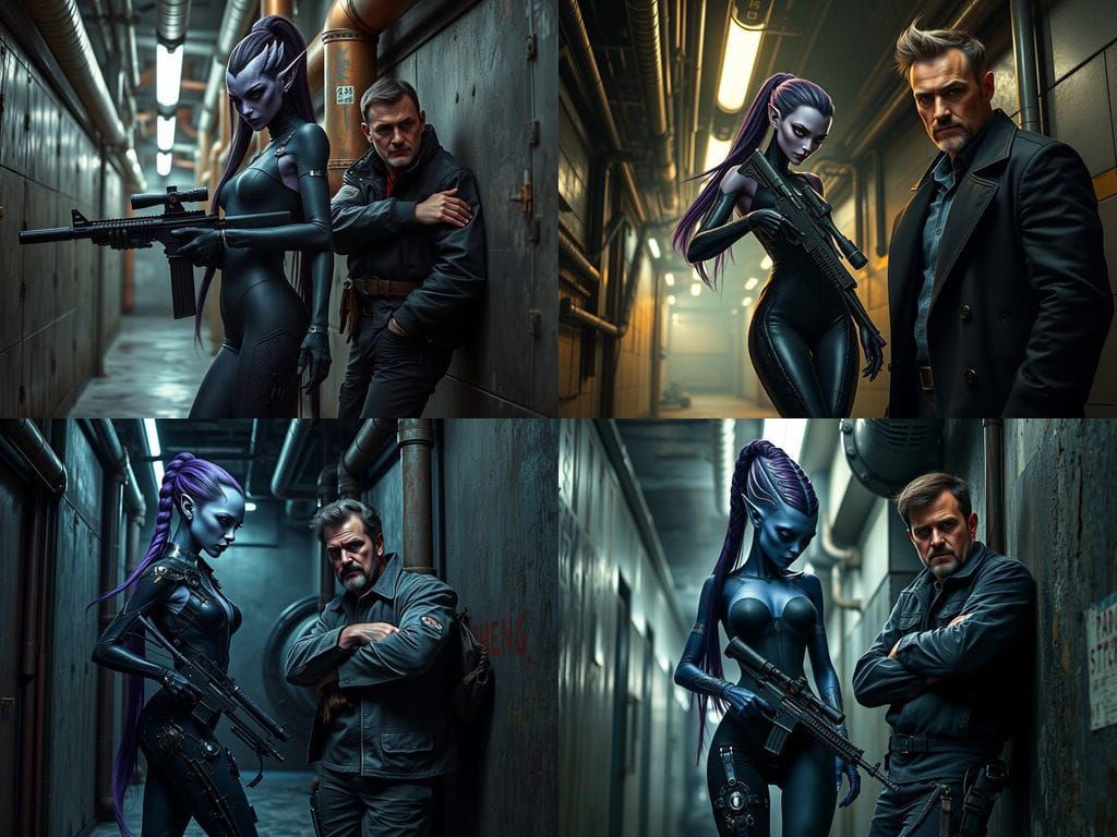 A female alien assassin is holding a slimline sniper rifle. In front of ...