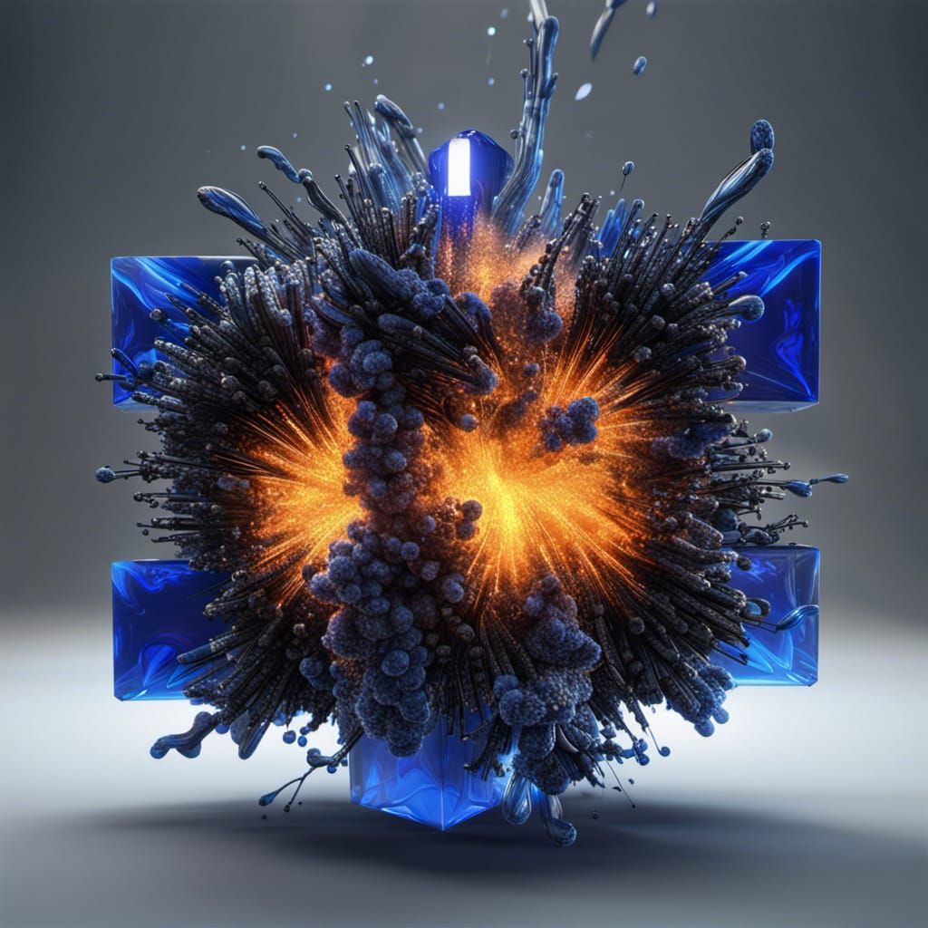 A crystal cube, insane depth, cobalt blue and ferrofluid nanobytes ...