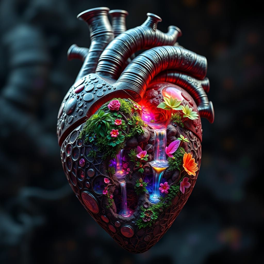 Imagine a hyper-detailed, hyper-realistic depiction of a human heart ...
