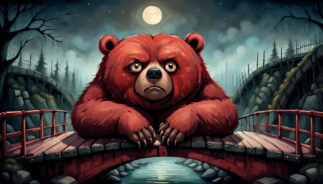 Grumpy Red Bear Tries to Snooze on Bridge - AI Art