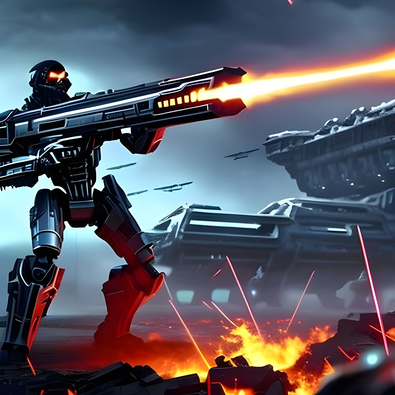 Terminator skeleton robot fighting humans, holding laser weapon, energy ...