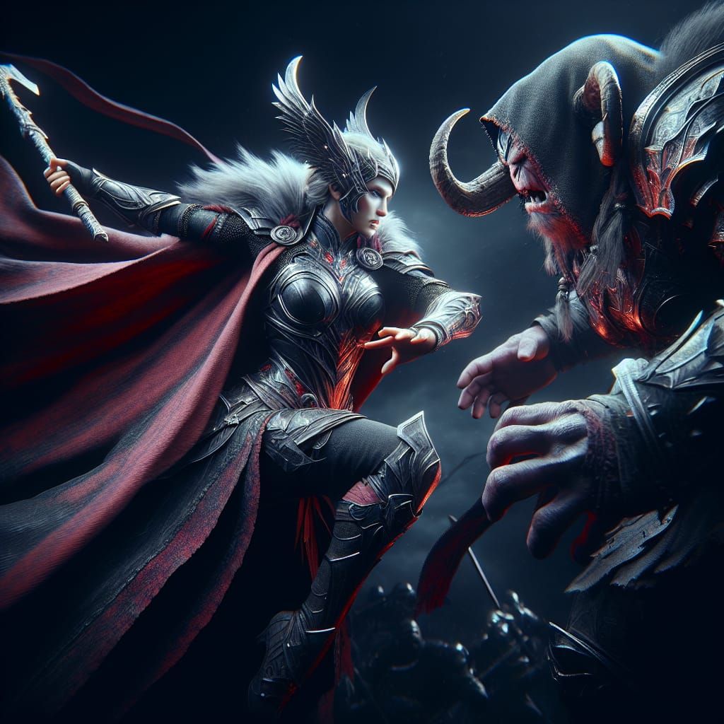 Valkyrie Battles Orc in Dark Night, Wearing Black ... - AI Art