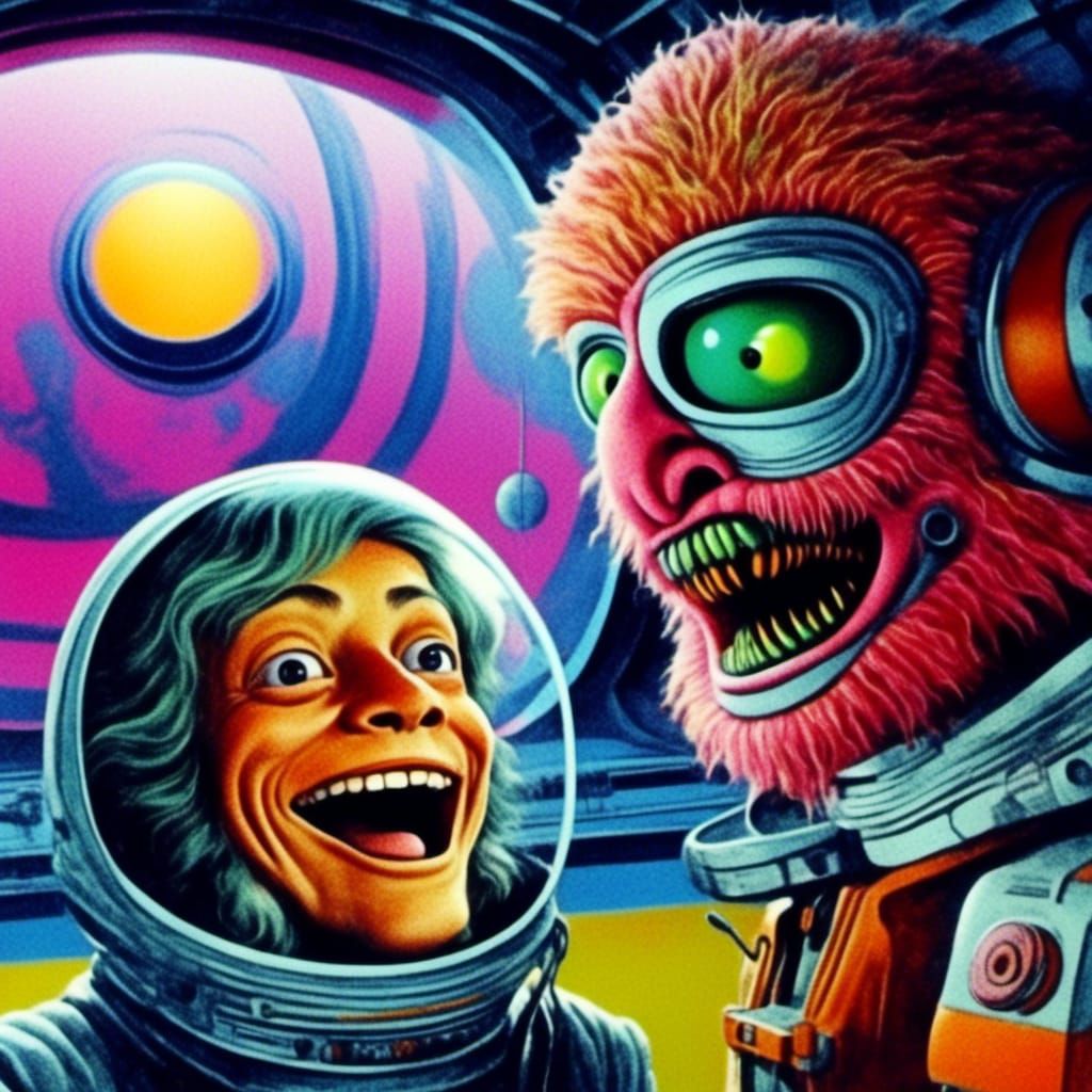 Scene from off the wall whimsical, cartoon art, vintage sci-fi movie. a ...