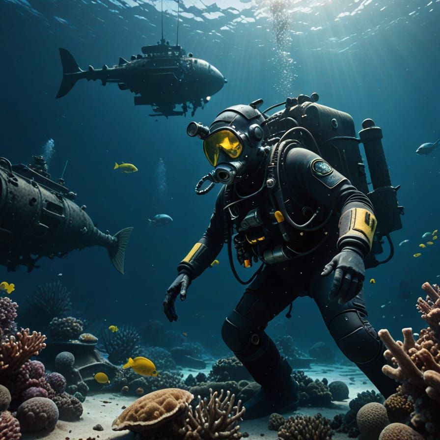 an up-close wide angle photo of a deep sea scuba diver approaching an ...
