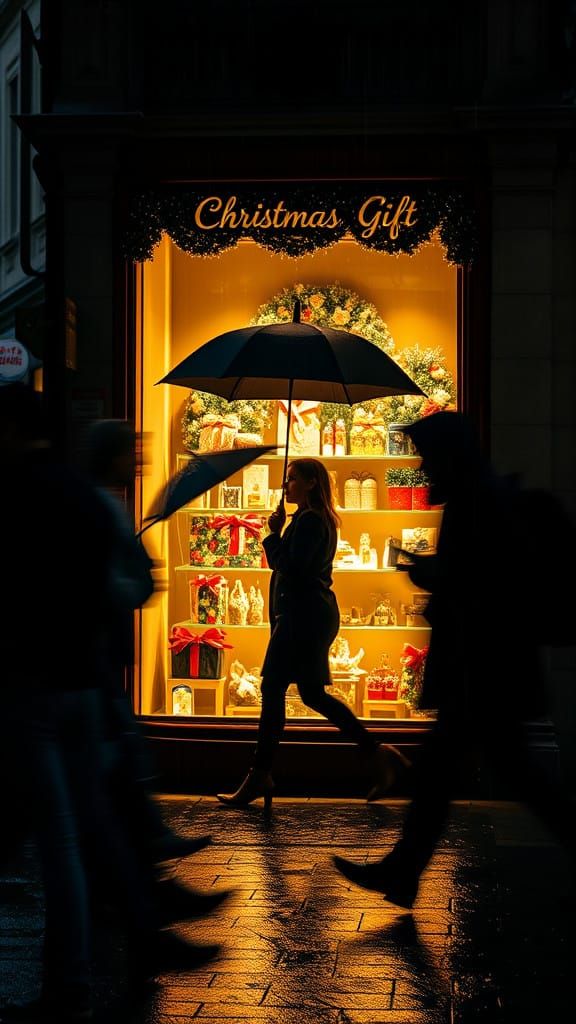 Christmas Gift Shop Window Illuminated on Rainy Ni... - AI Art