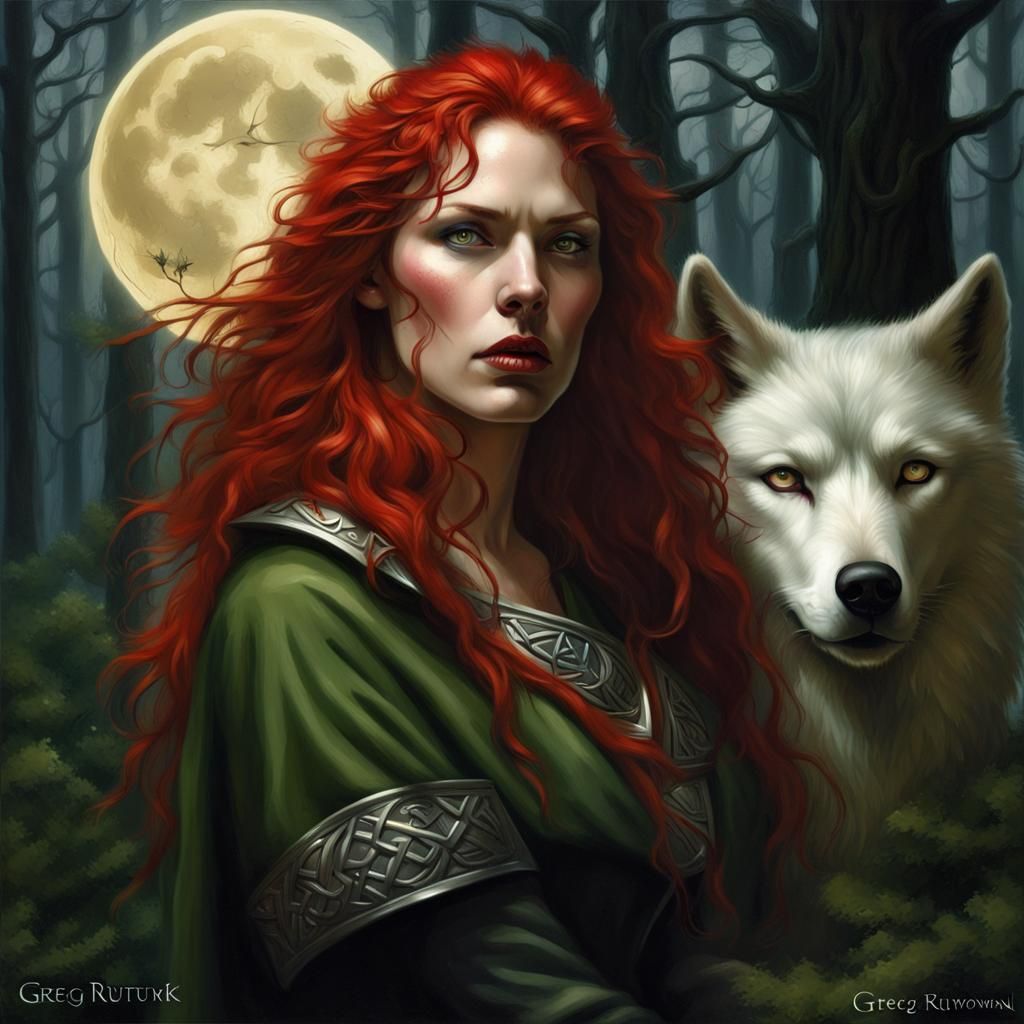 a close-up portrait of a beautiful celtic warrior woman with bright red ...