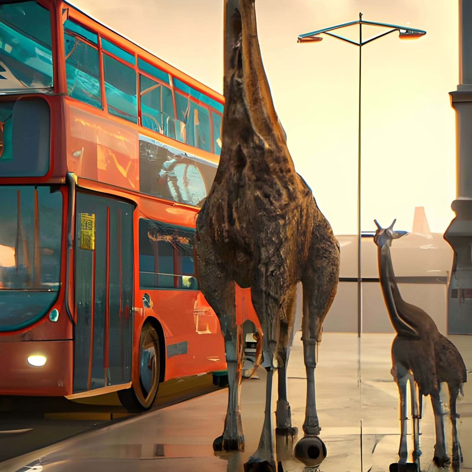 Two giant giraffe passing in front of a London bus. - AI Generated ...