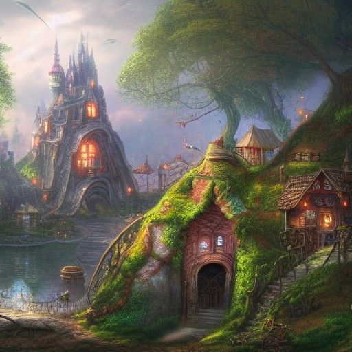 Fairy town, whimsical buildings, ambient atmosphere, outdoors ...