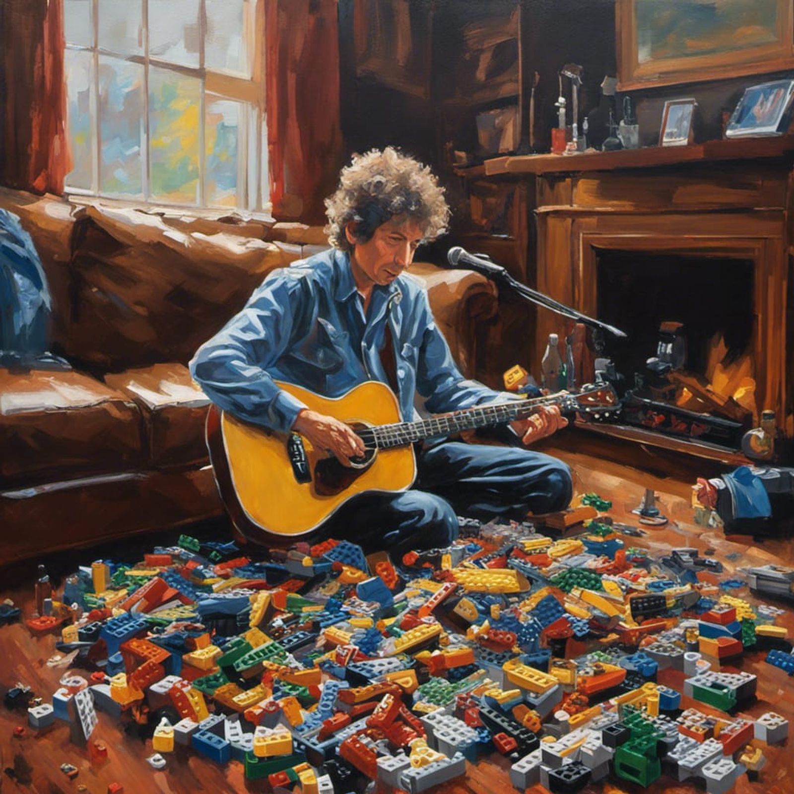 Bob Dylan playing to his Legos - AI Generated Artwork - NightCafe Creator