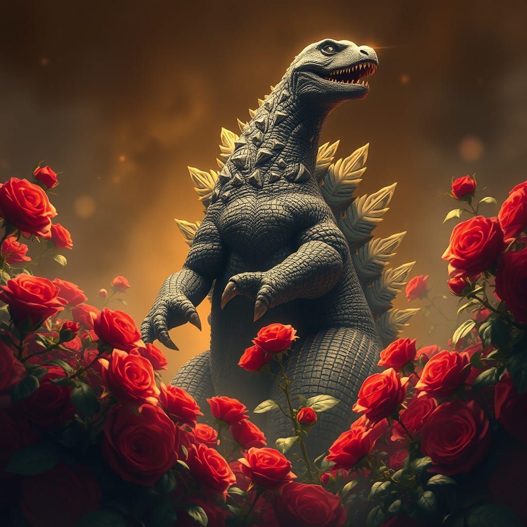 Godzilla with roses - Godzilla Amidst Roses: A Dreamy, Surre...