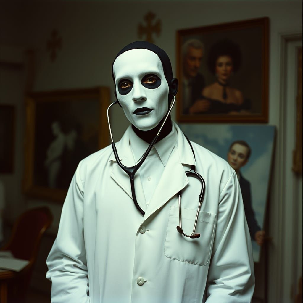A gothic mime doctor, white face, with stetoscope. Abandoned painting ...
