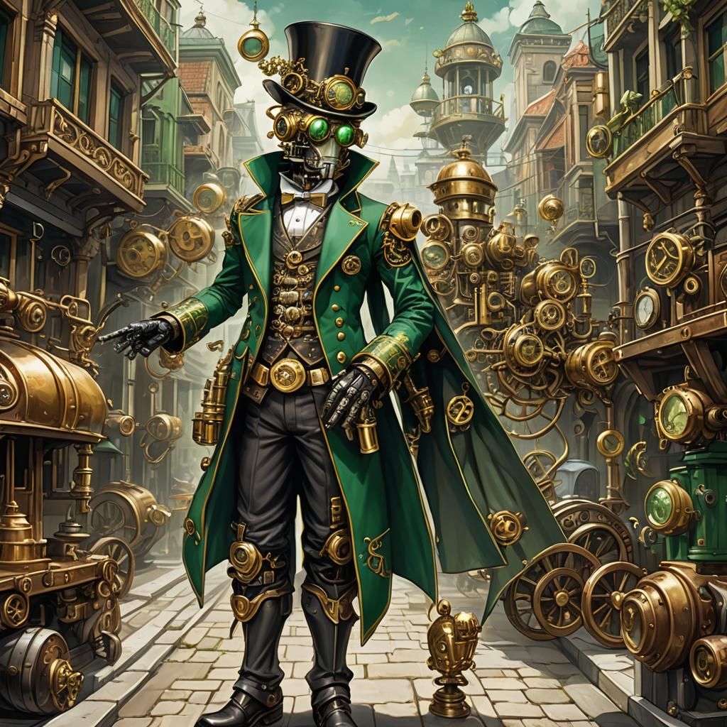 (beautiful arwork of a steampunk robot nobleman wears green tailcoat ...