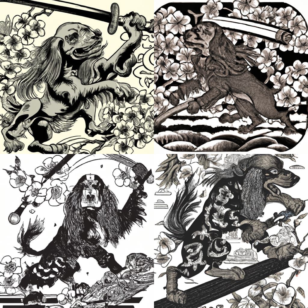 Japanese woodblock print of an english cocker spaniel holding a samurai ...