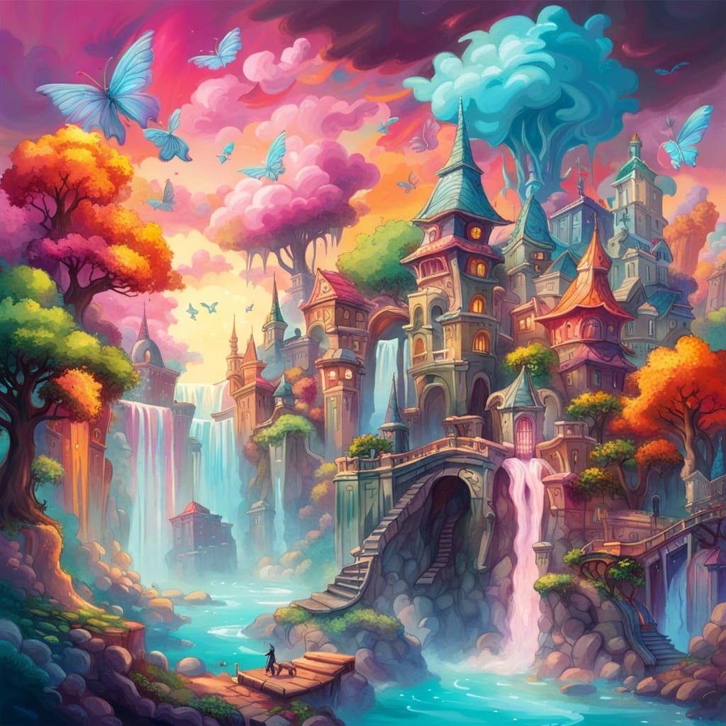 Fantasy city with unicorns, fairies, butterflies, trees, waterfalls, on a colorful cloud - AI ...