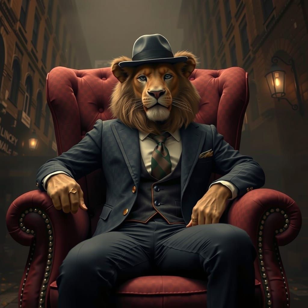 Sleek Lion Mobster Poses with Gun in Smoky Alleywa... - AI Art