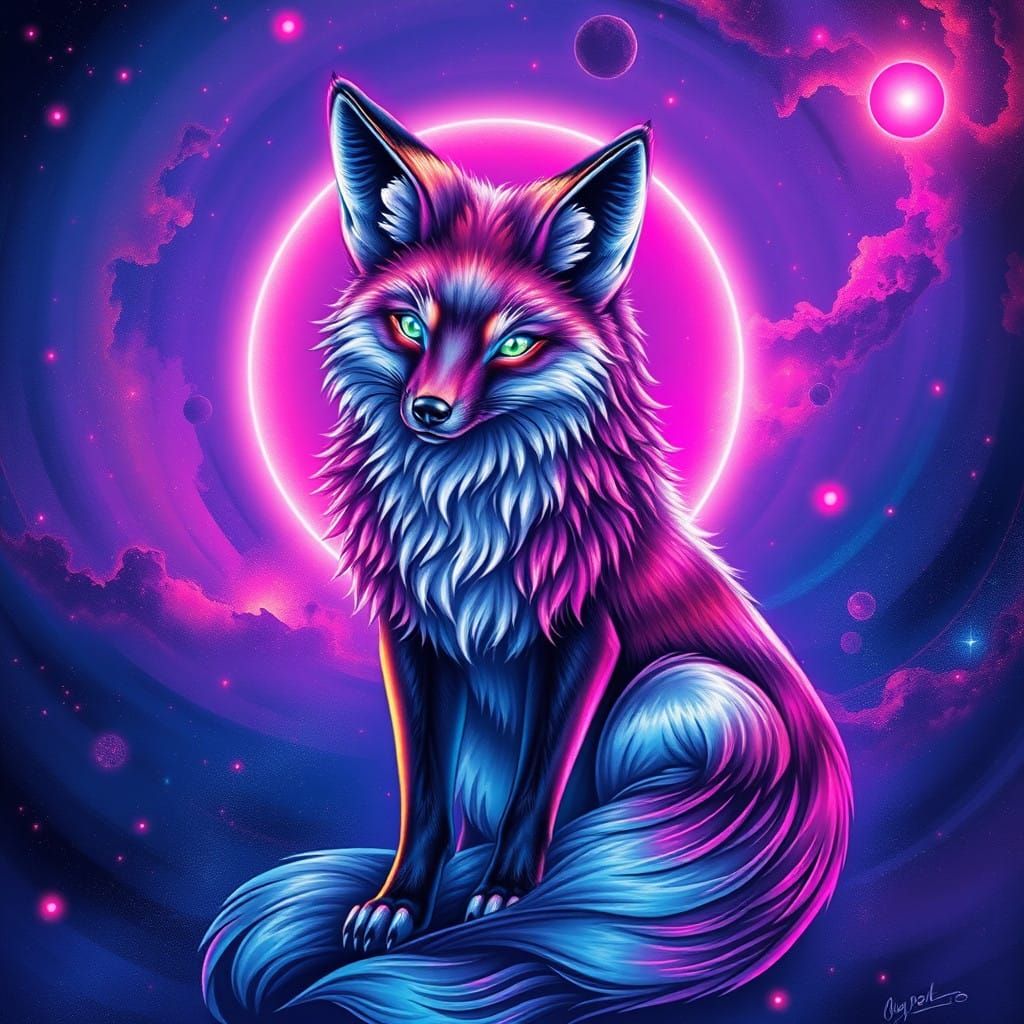 A neon fox - Vibrant Neon Fox in Cosmic Astral Landscape