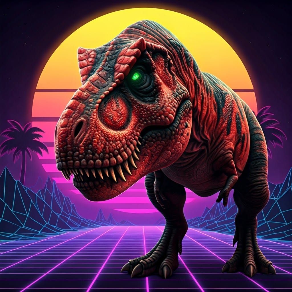 Futuristic Tyrannosaurus Rex in Neon Synthwave Sty... - AI Art