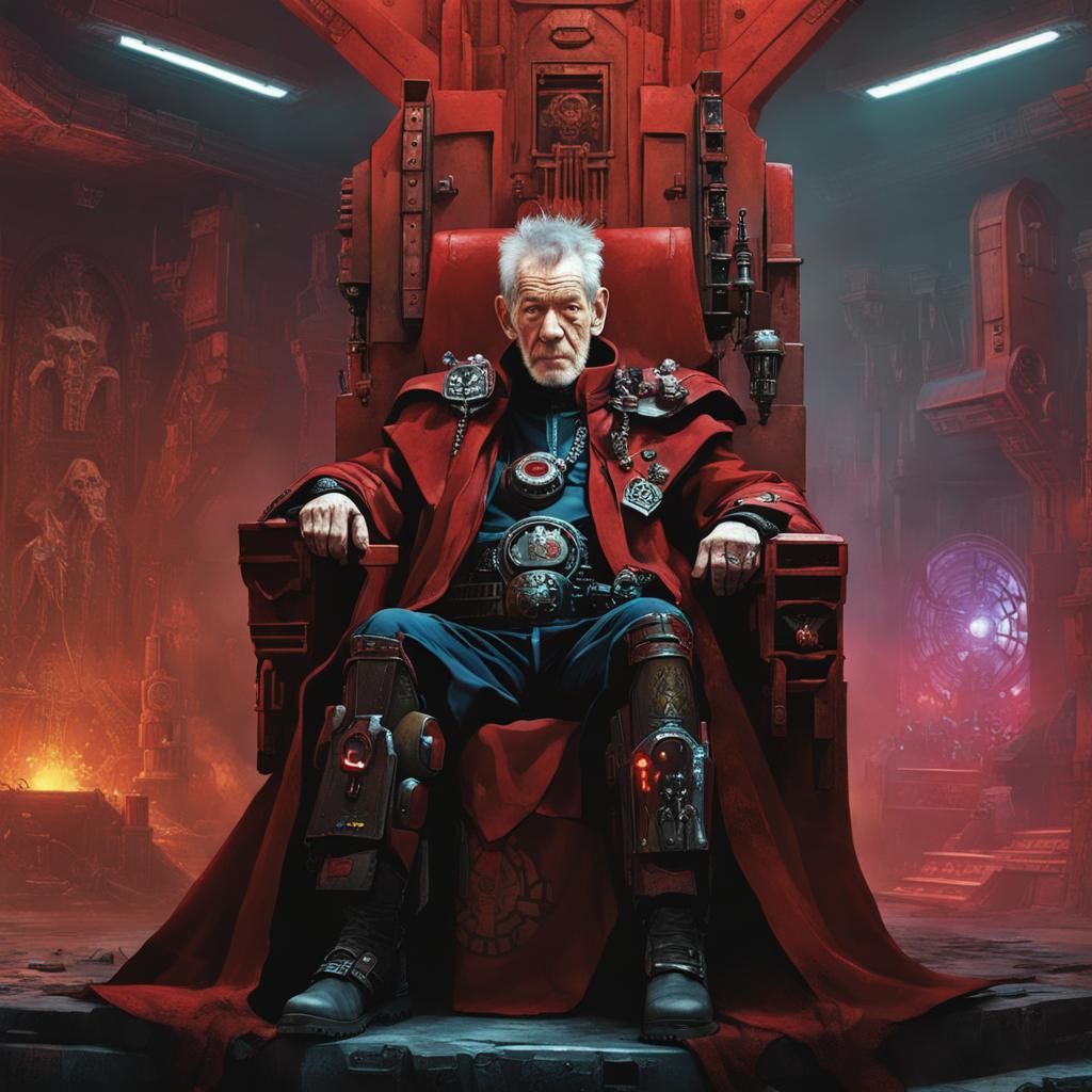 Ian Mckellan, Warhammer 40k Tech Priest, Sitting on a cyberpunk Throne ...