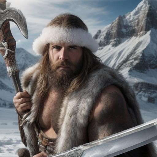 barbarian, bearded, sword, fur, dusty, battered, snow, mountain ...