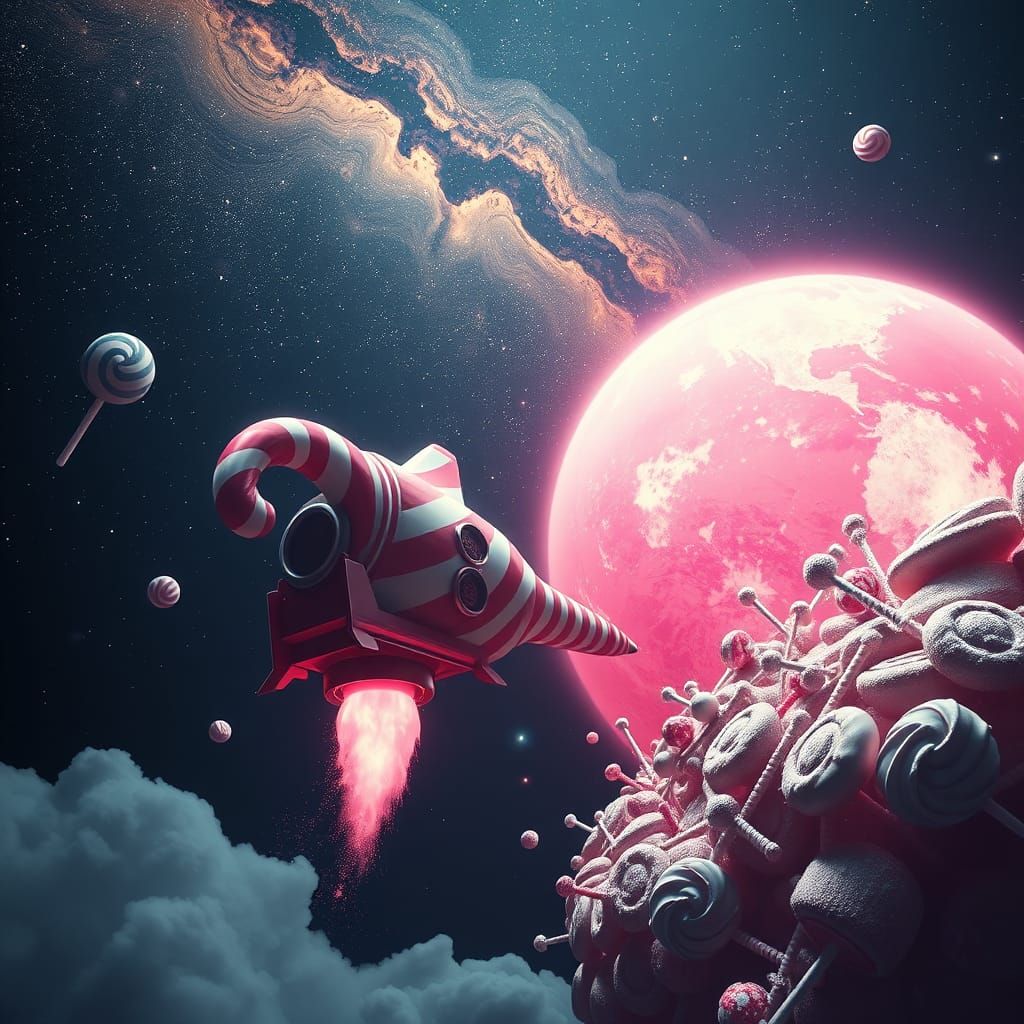 Space Trip Candyland - Surreal Candy Cane Rocket Explores Vi...