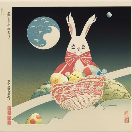 Easter Bunny on the moon; Faberge Easter eggs, basket, lunar landscape ...
