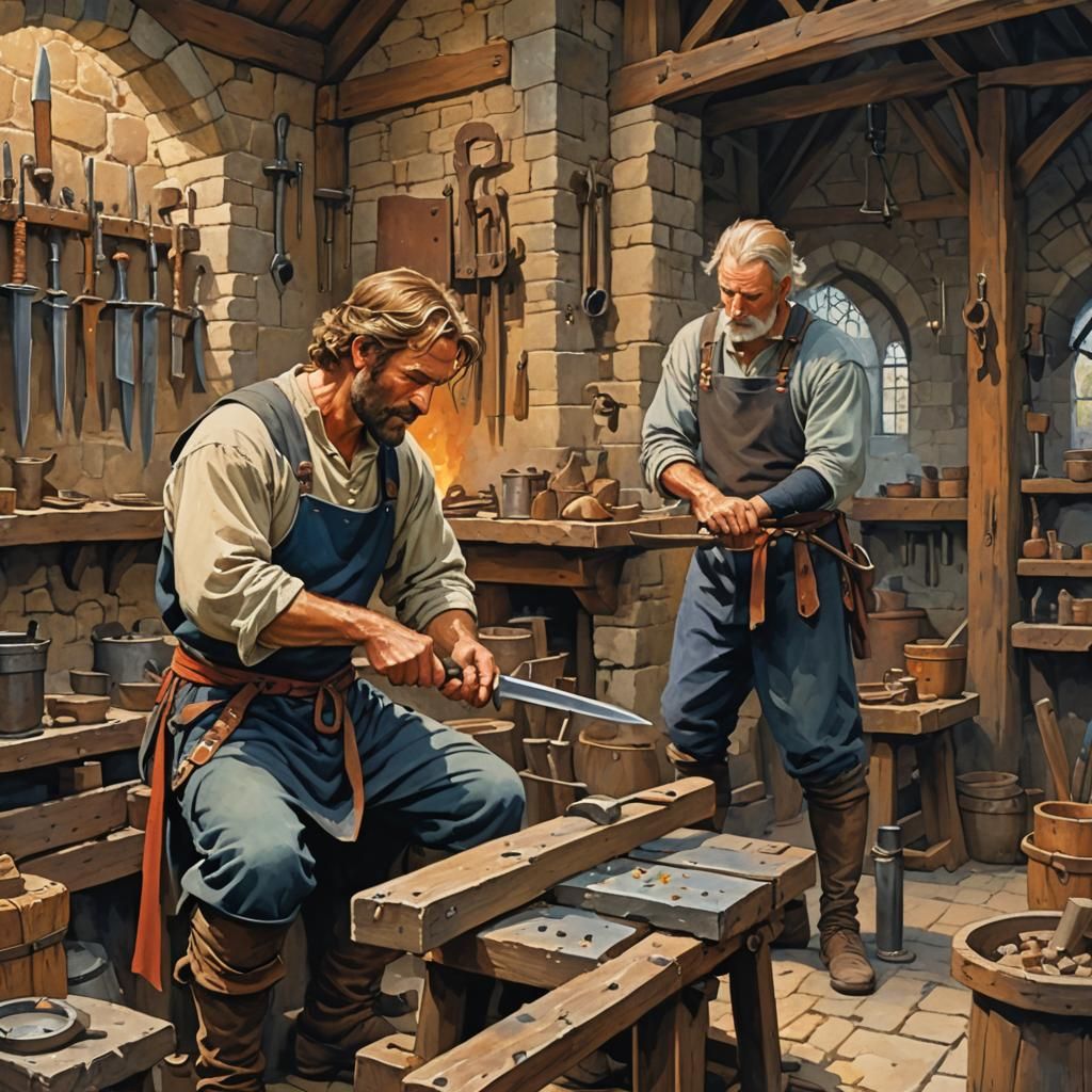Medieval Blacksmith and boy apprentice making a sword, style of Michael ...