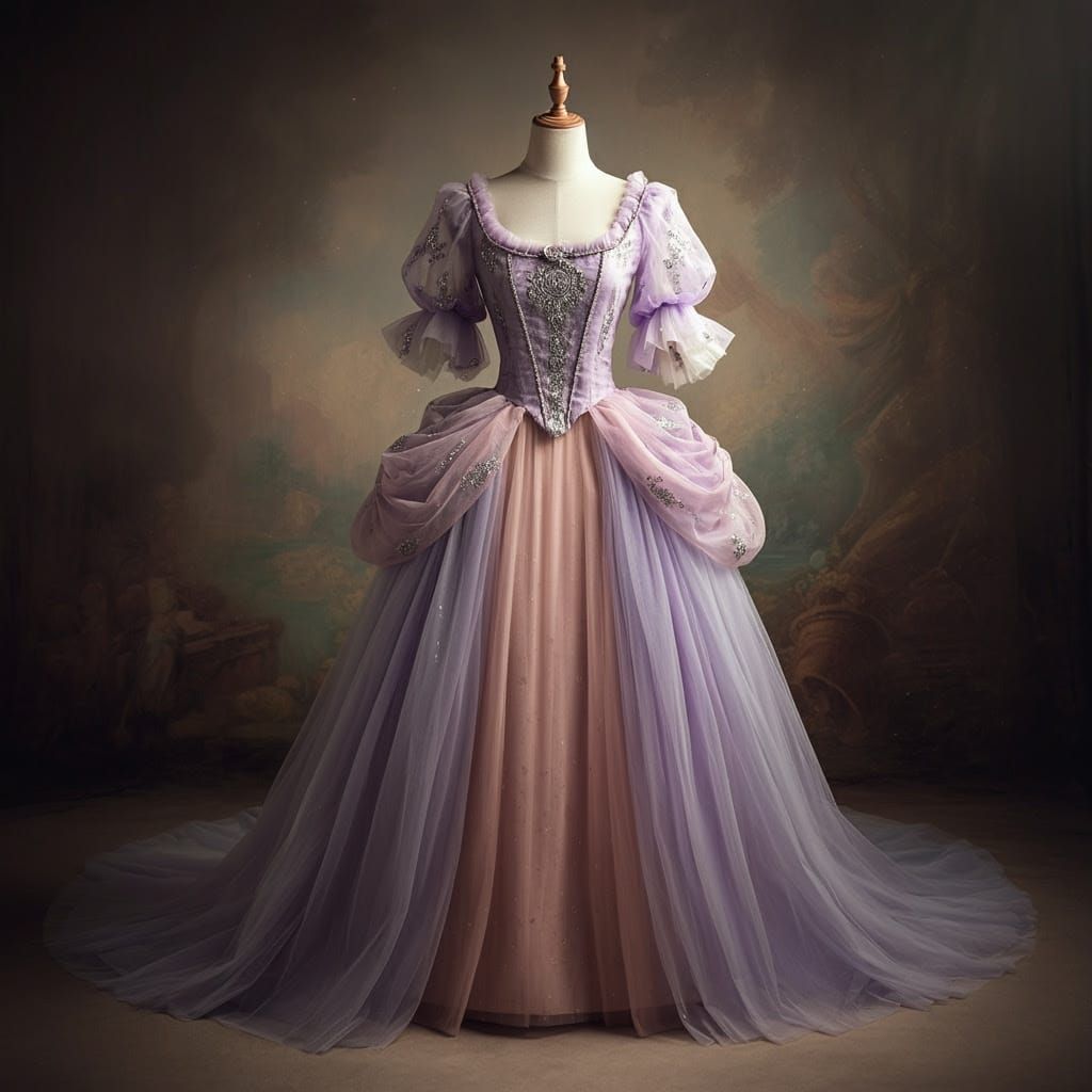 Lilac and Pink Rococo Princess Gown on Antique Dre... - AI Art