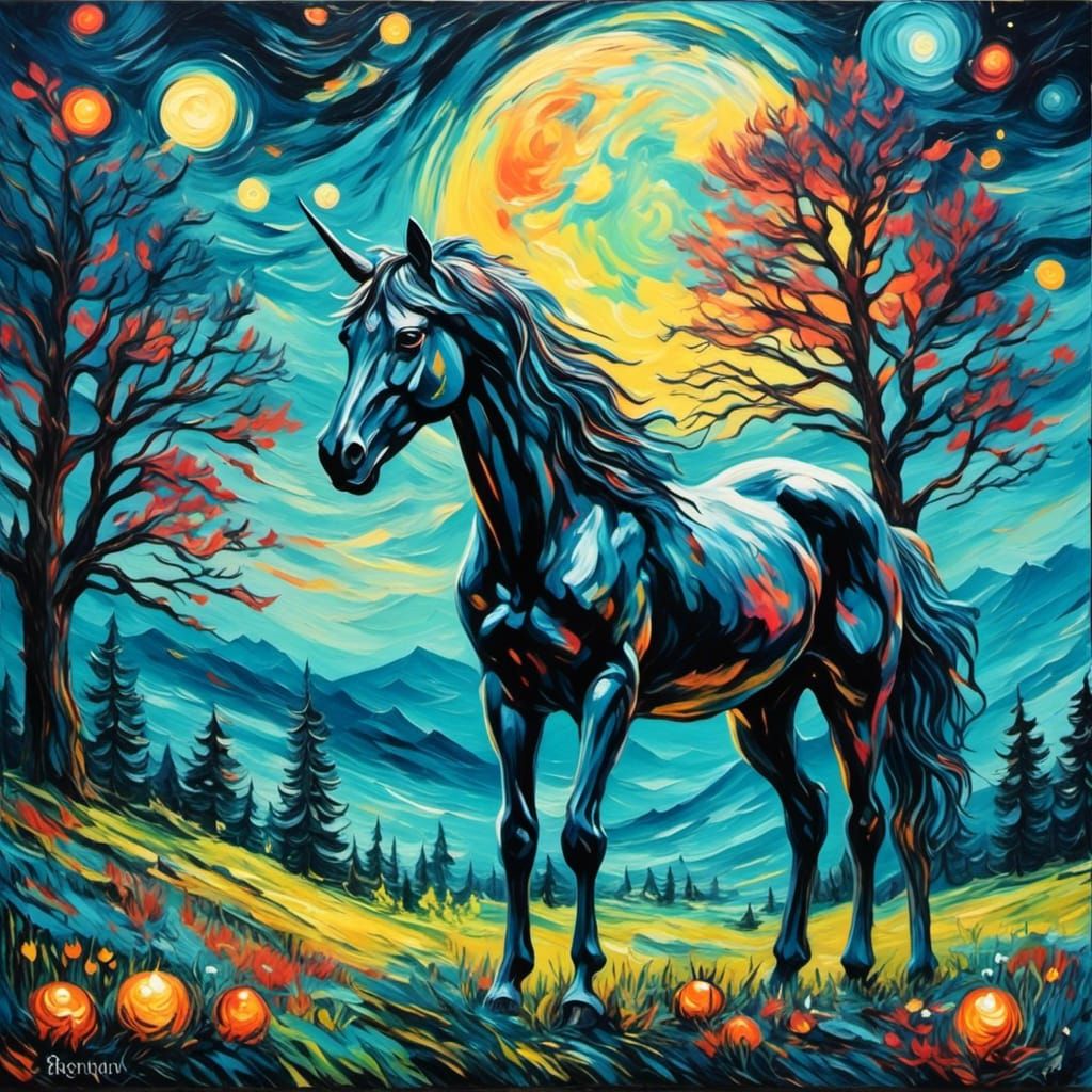 a black unicorn, colorful sky, full moon, nighttime, noctilucent - AI Generated Artwork ...